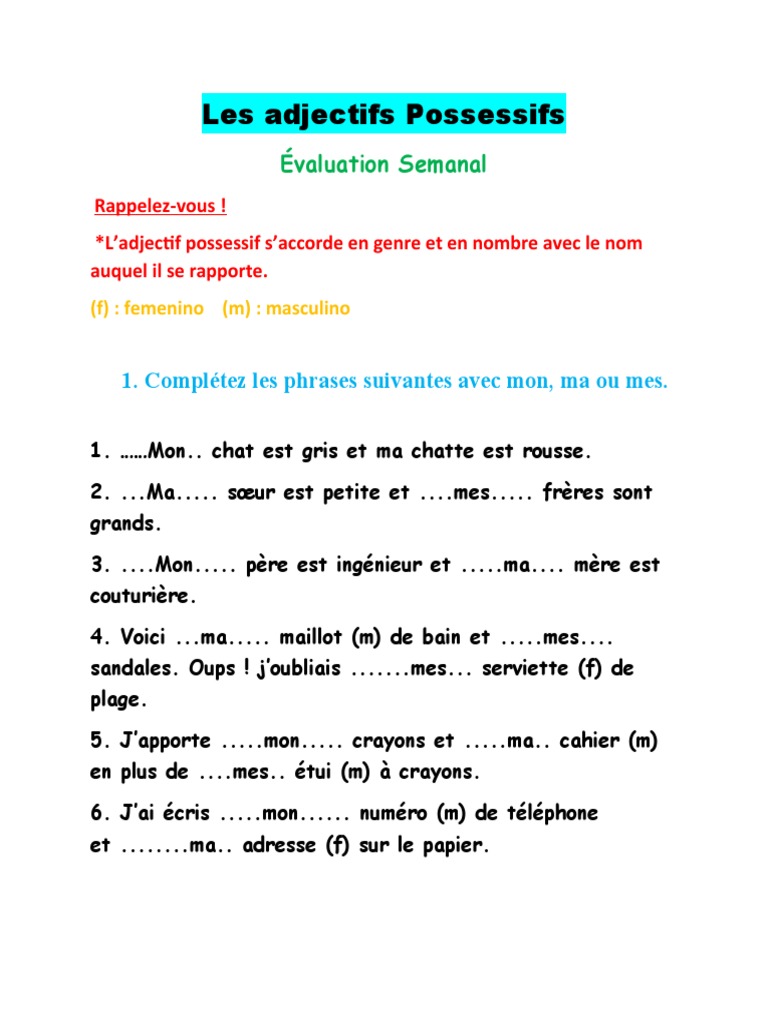 Exercices sur les adjectifs possessifs | PDF | Études des langues ...