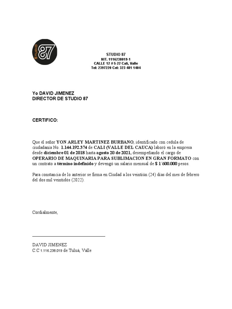 Carta Certificacion Laboral | PDF