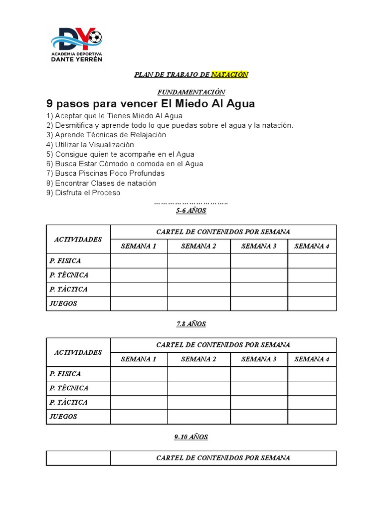 Plan de Trabajo de Natación | PDF | Método de enseñanza | Nadando