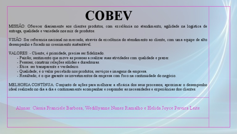 Missão, Visão e Valores da COBEV | PDF | Carreira e Crescimento | Negócios