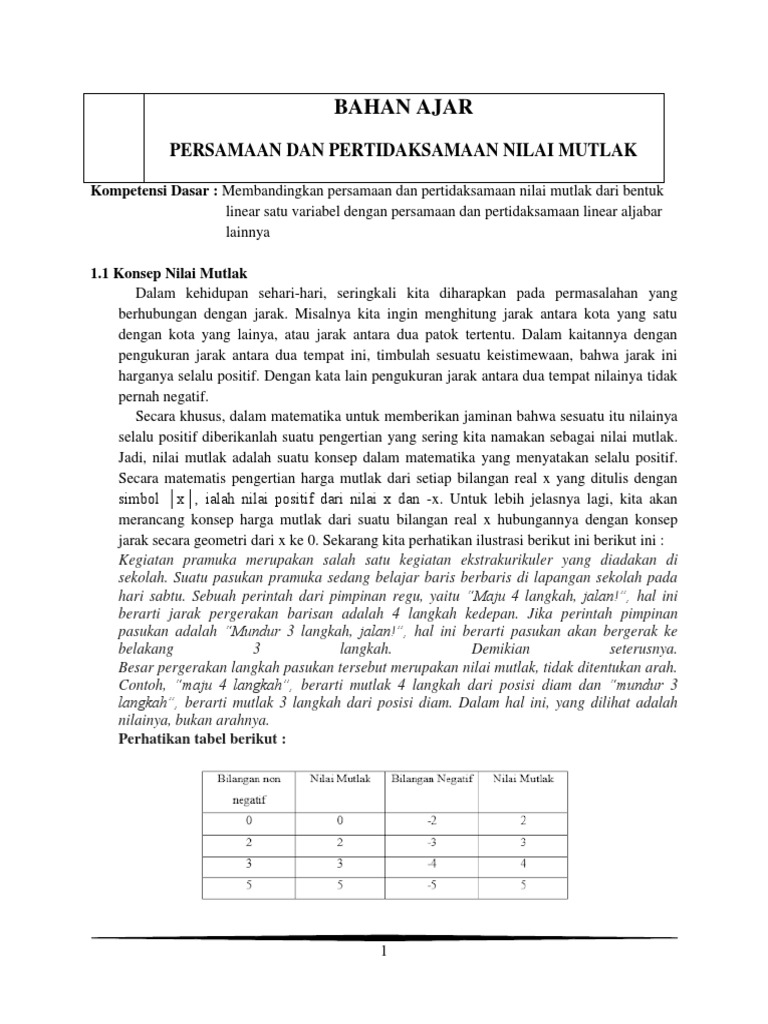 Bahan Ajar 1 Nilai Mutlak | PDF | Metode & Bahan Ajar