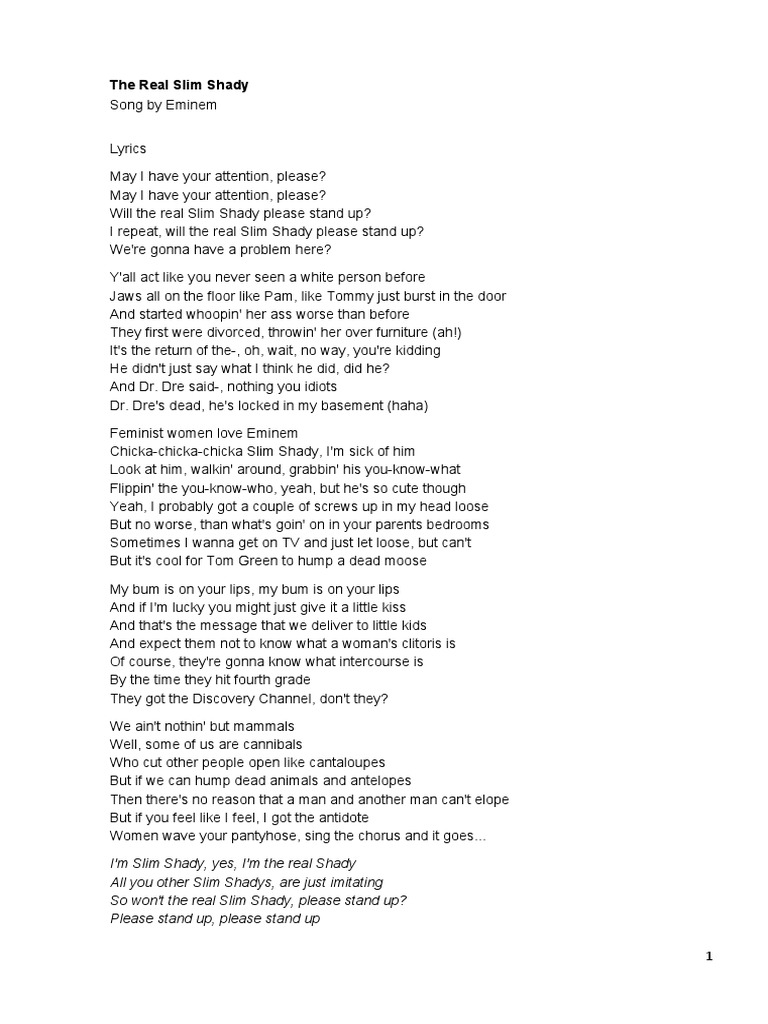 The Real Slim Shady - Eminem | PDF | Hip Hop