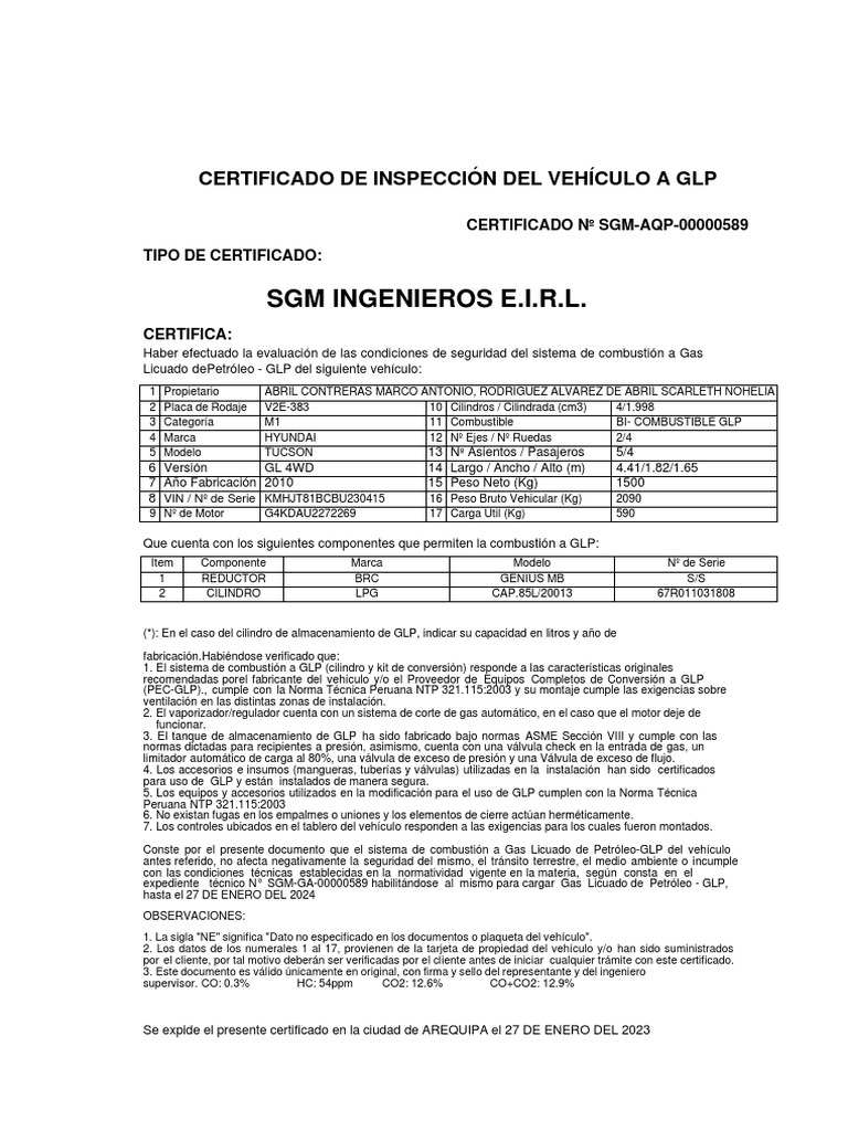 Certificado Inspeccion GLP | PDF | Vehículos