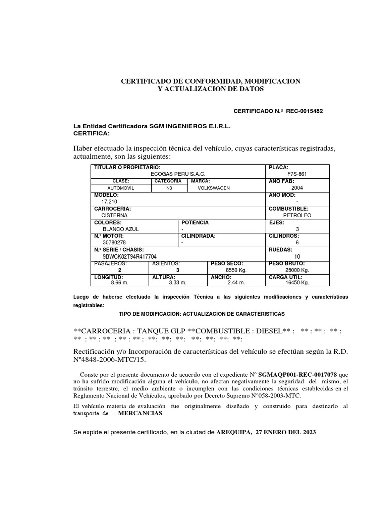 Certificado de Actualizacion de Datos | PDF | Tecnología de vehículos | Vehículos