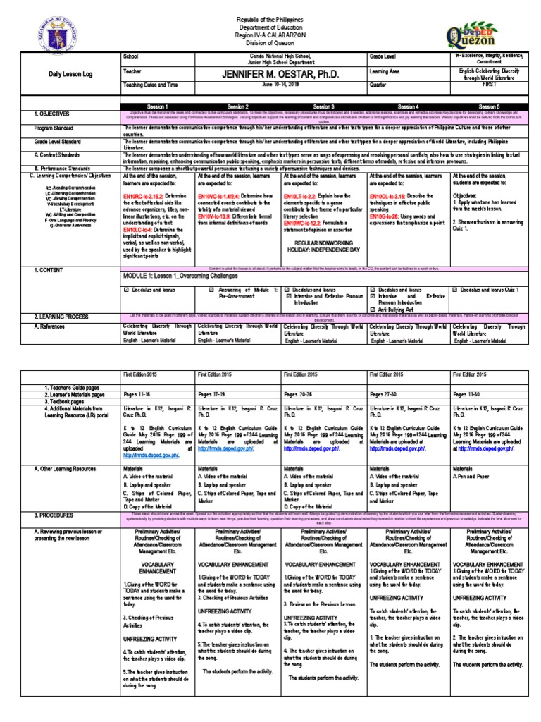 DLL English 10 Q1 - Module 1 - Lesson 1 - Daedalus and Icarus, Intensive and Reflexive Pronoun ...