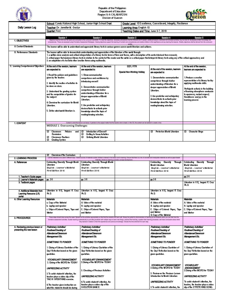 DLL English 10 Q1 - Module 1 - Subject Orientation, Class Policies ...