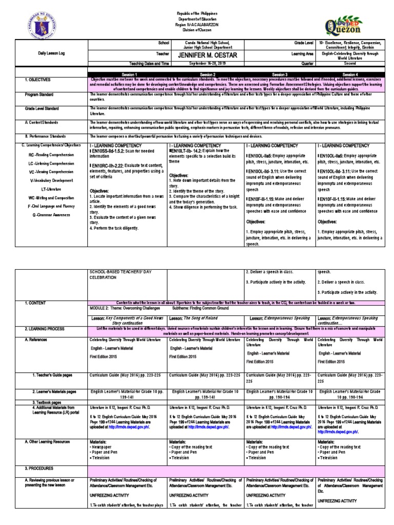 DLL English 10 - Module 2 - Lesson 4 - Song of Roland | PDF | Public ...