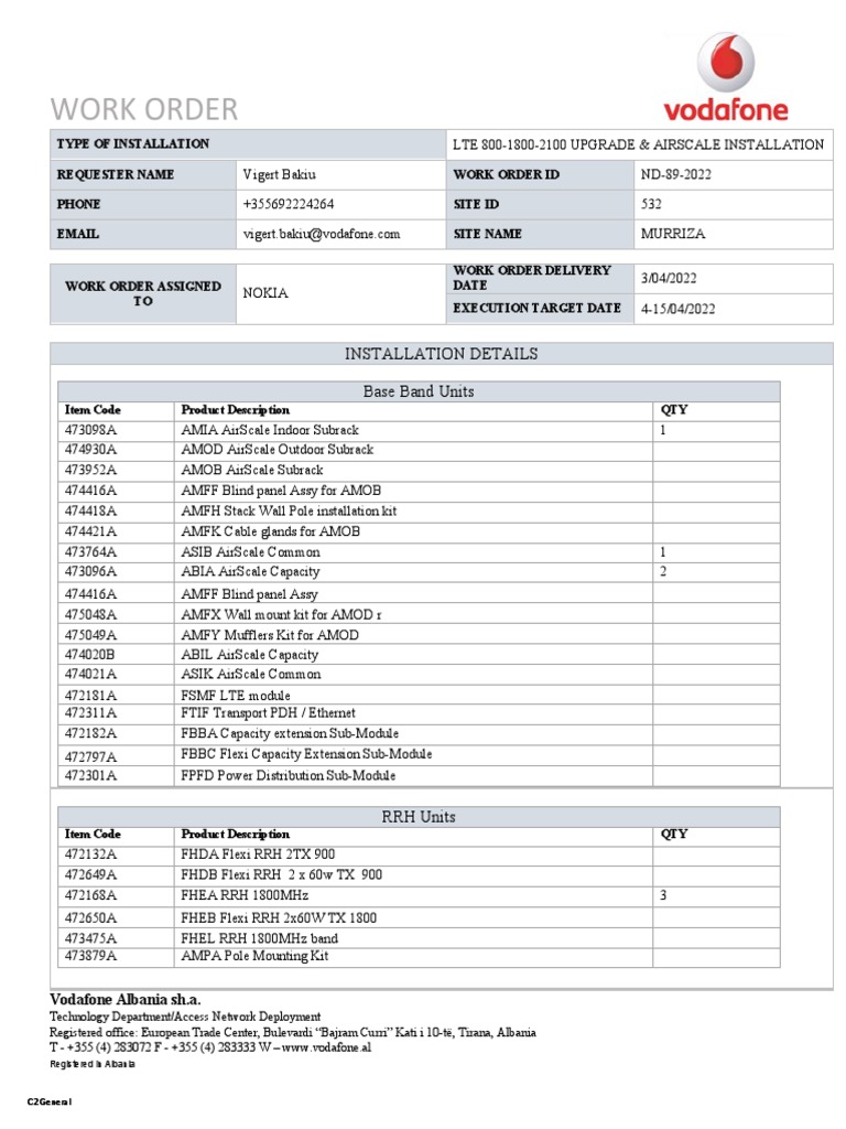 Work Order: Installation Details Base Band Units | Download Free PDF ...