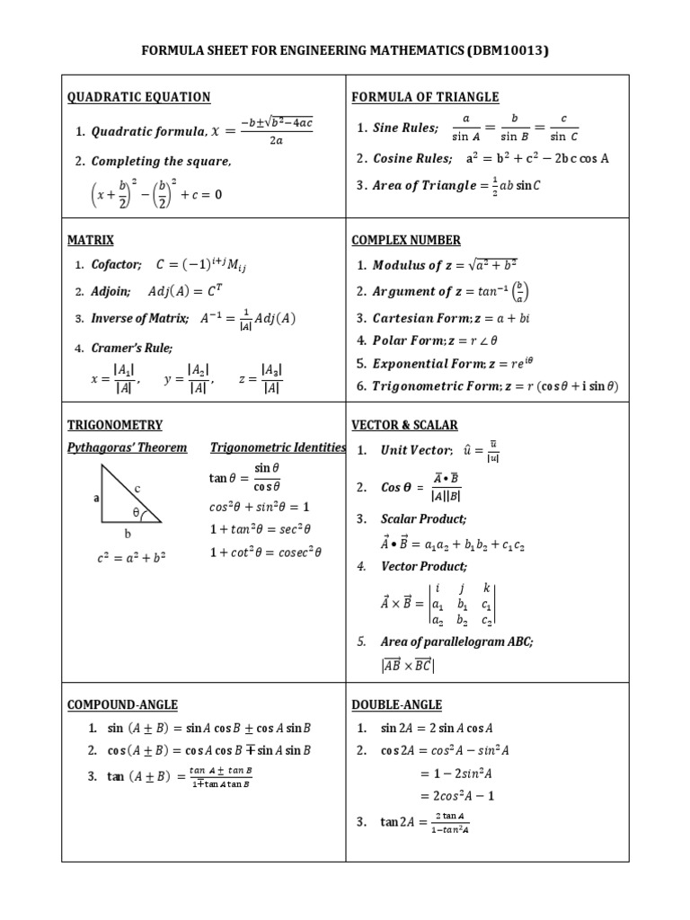 A B + C 2bc Cos A: Formula Sheet For Engineering Mathematics (Dbm10013 ...