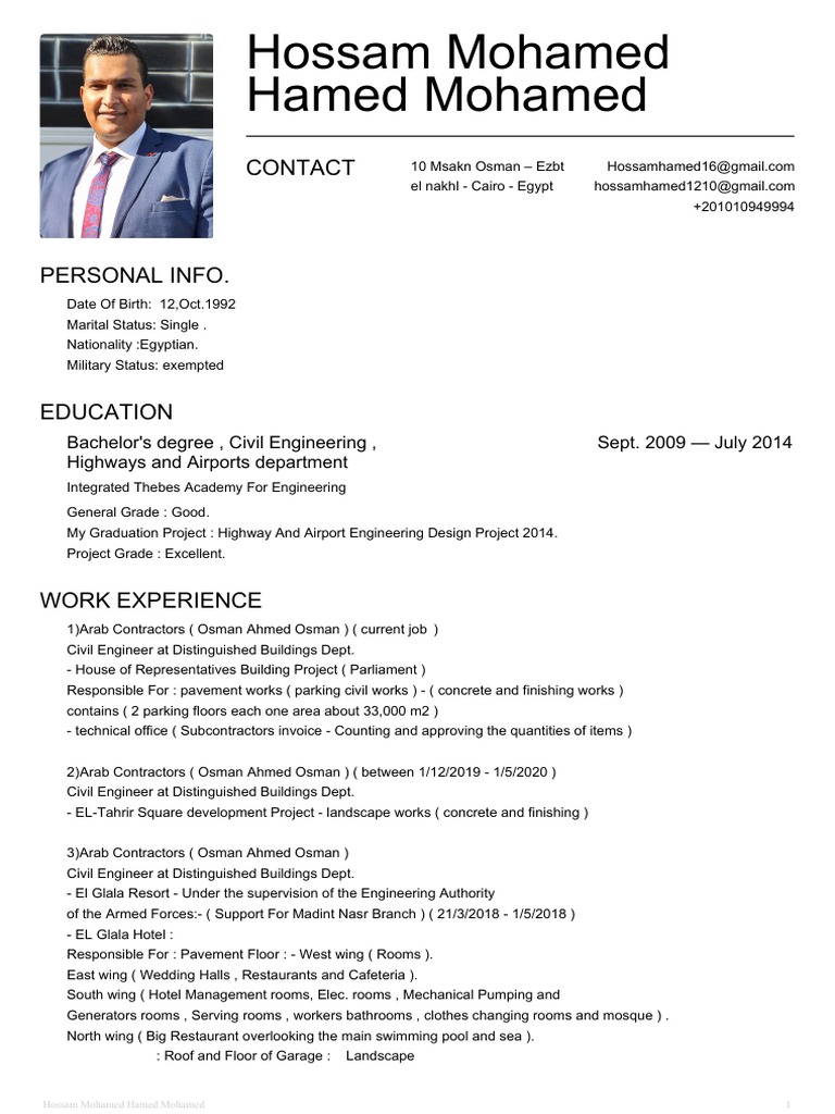 Civil Engineer Resume: Hossam Mohamed Hamed Mohamed Seeking New ...