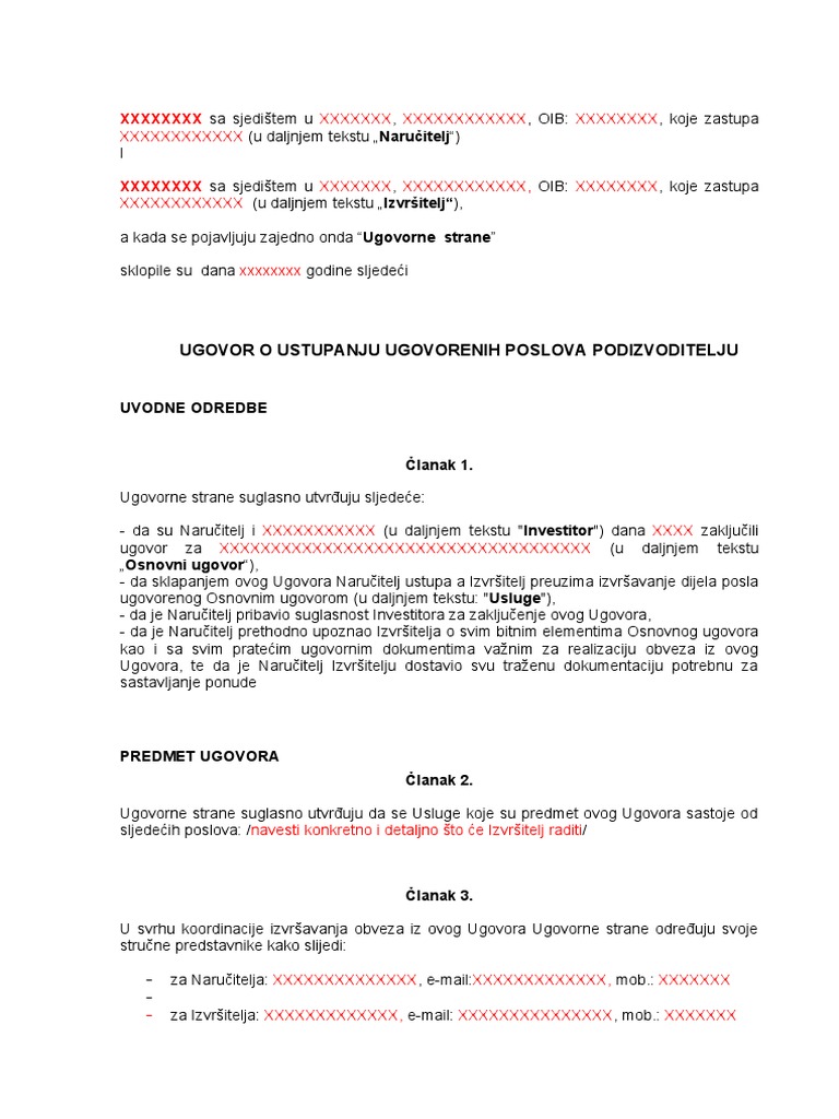 HKIG-Ugovor o Ustupanju Ugovorenih Poslova Podizvoditelju-Nenominirani | PDF