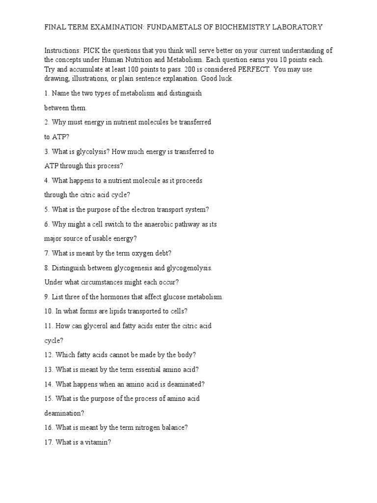 Final Term Exam-Nutrition and Metabolism-Laboratory | PDF