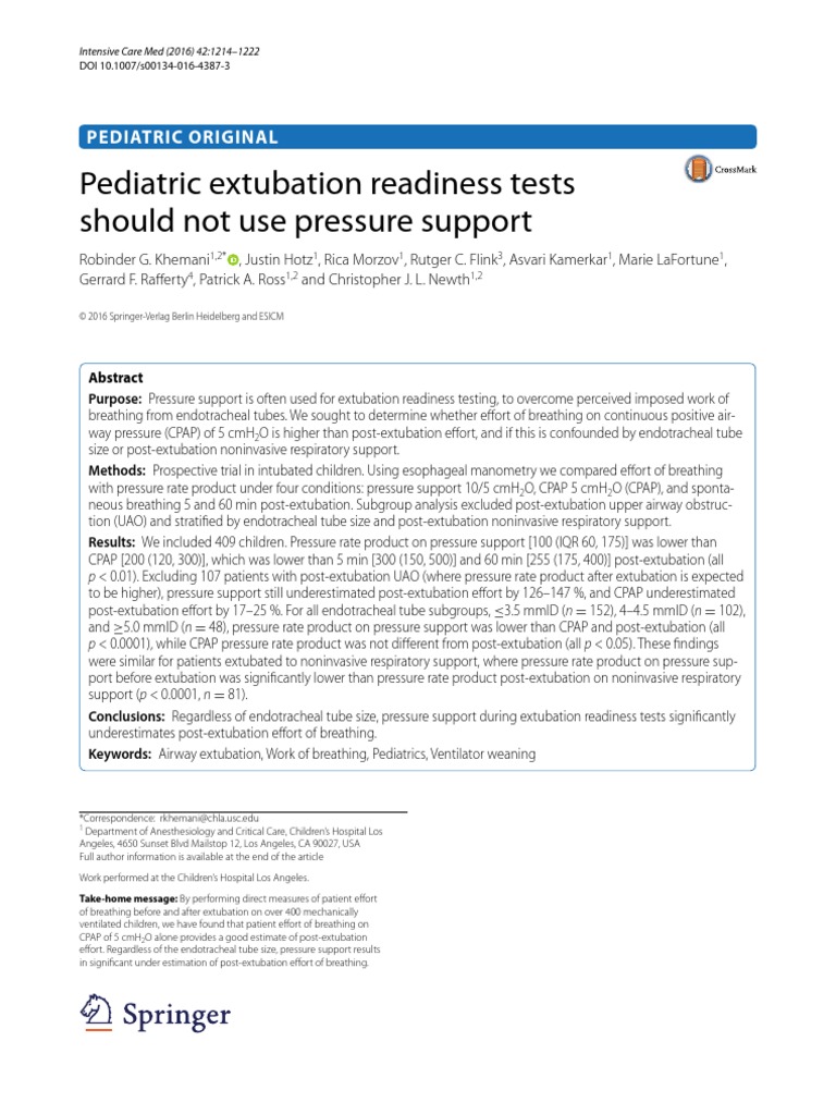 Khemani 2016 Pediatric Extubation Readiness Tests Should Not Use ...