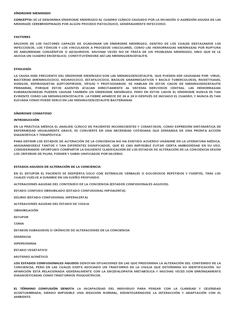 Síndrome Meningeo y Estados Comatosos | PDF | Meningitis | Coma