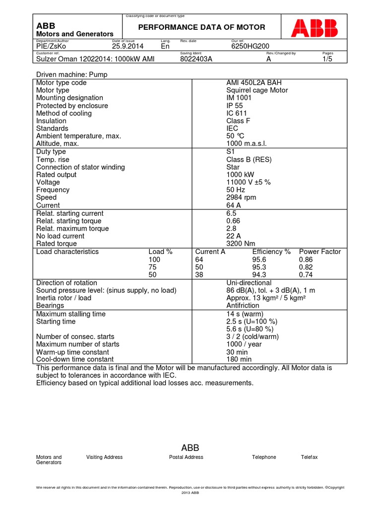 Motor Data Sheets-1000kW (ABB) | PDF | Electric Motor | Electric Generator