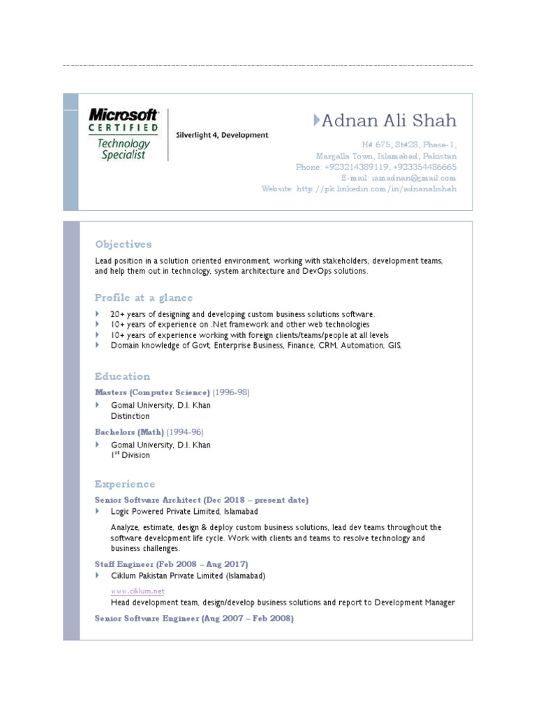 Adnan Ali Shah - Resume: 20+ Years of Experience as a Senior Software Architect and Solution ...