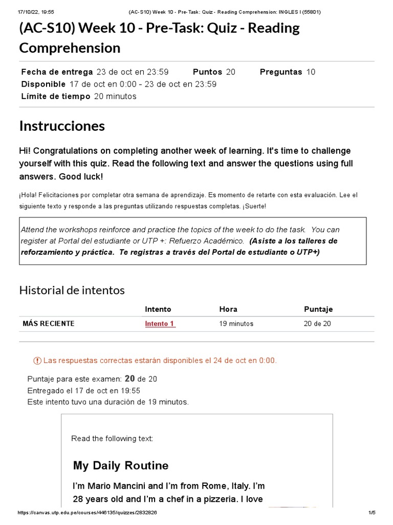 (AC-S10) Week 10 - Pre-Task - Quiz - Reading Comprehension - INGLES I (55801) | PDF | Eating ...