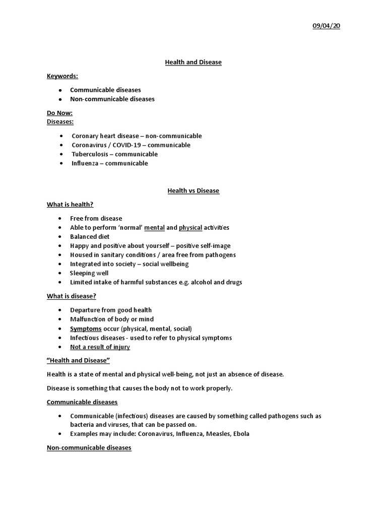 Lesson 1 - Health and Disease | PDF | Infection | Pathogen