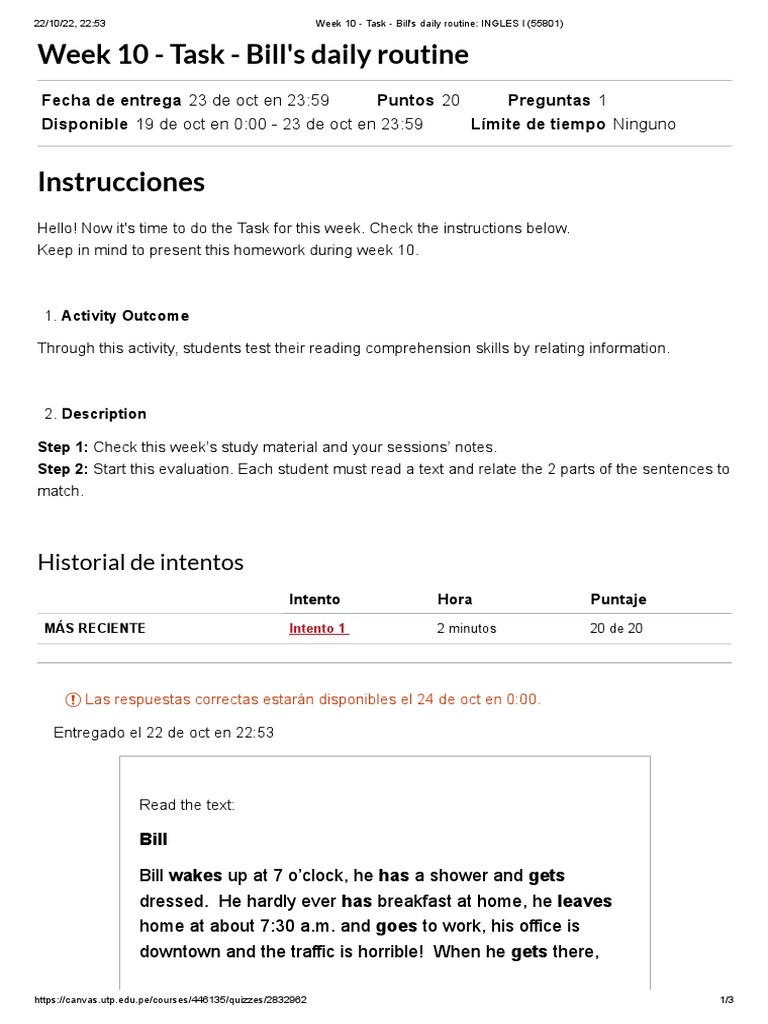 Week 10 - Task - Bill's Daili Routine - INGLES I (55801) | PDF ...