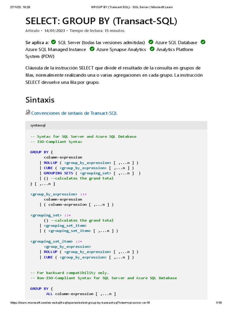 Cláusula GROUP BY en SQL Server | PDF | SQL | Servidor SQL de Microsoft