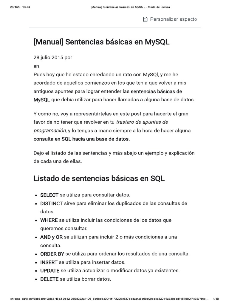 (Manual) Sentencias Básicas en MySQL - Modo de Lectura | PDF | SQL | Datos