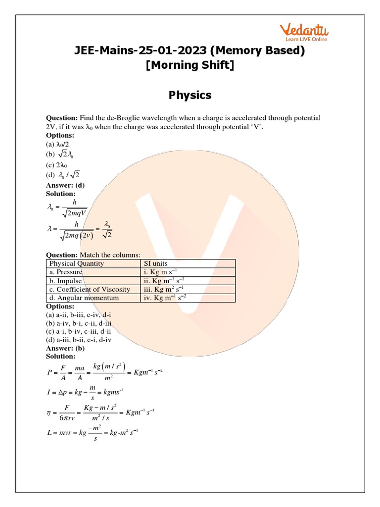 Jee Main 2023 January 25 Shift 1 Question Paper With Solutions by Vedantu | PDF | Nitrogen ...