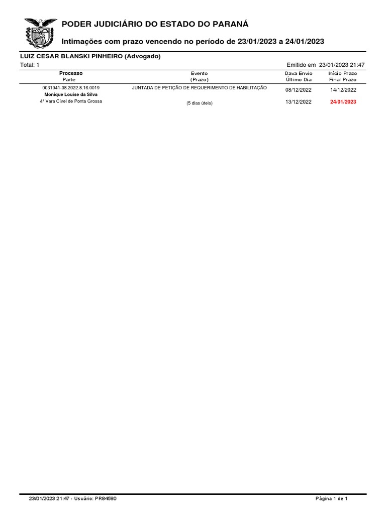 Relatorio Intimacoes Data Final Prazo | PDF