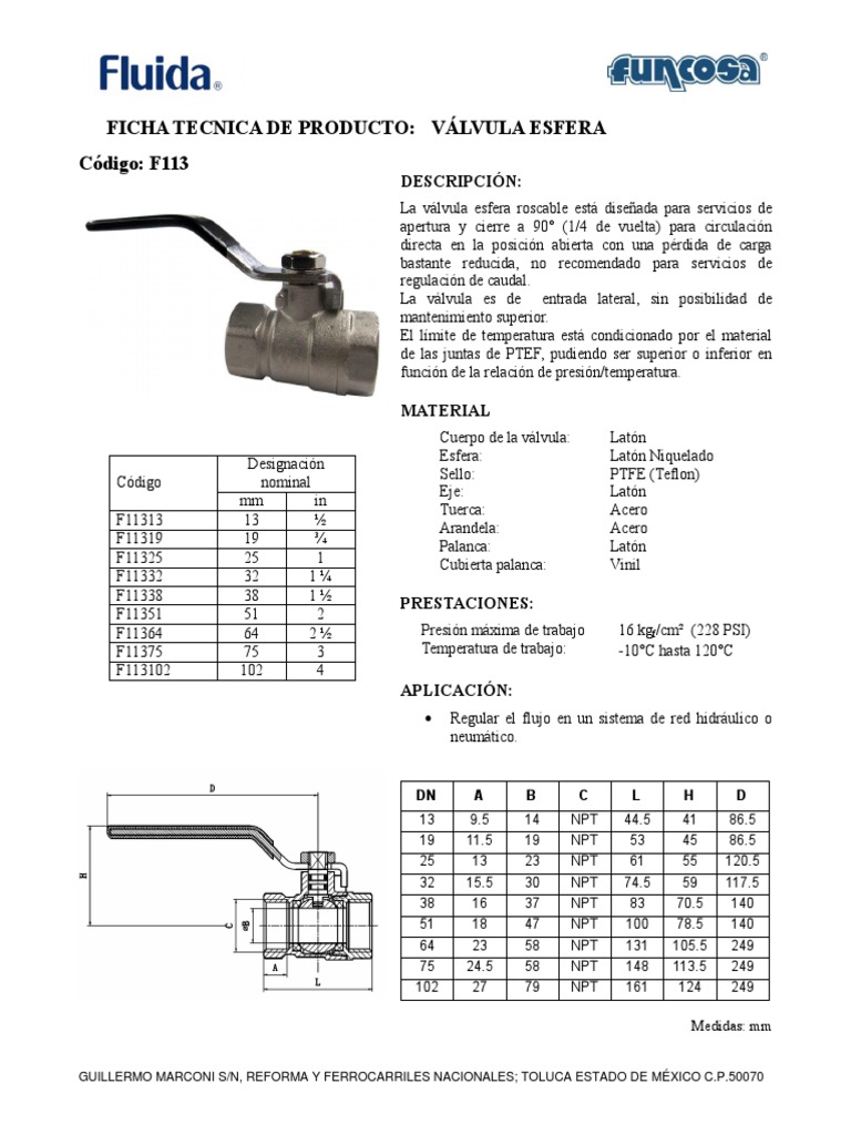 Ficha Técnica - Válvula Esfera Roscable Funcosa - 280717 | PDF ...