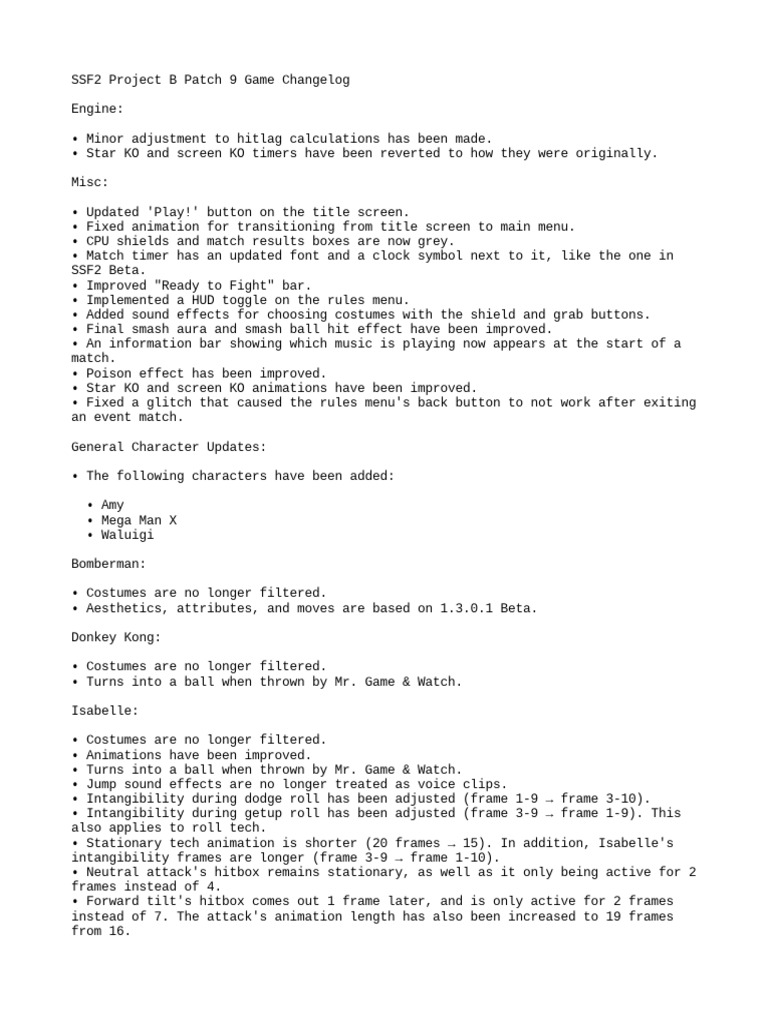 SSF2 Project B Patch 9 Game Changelog | PDF
