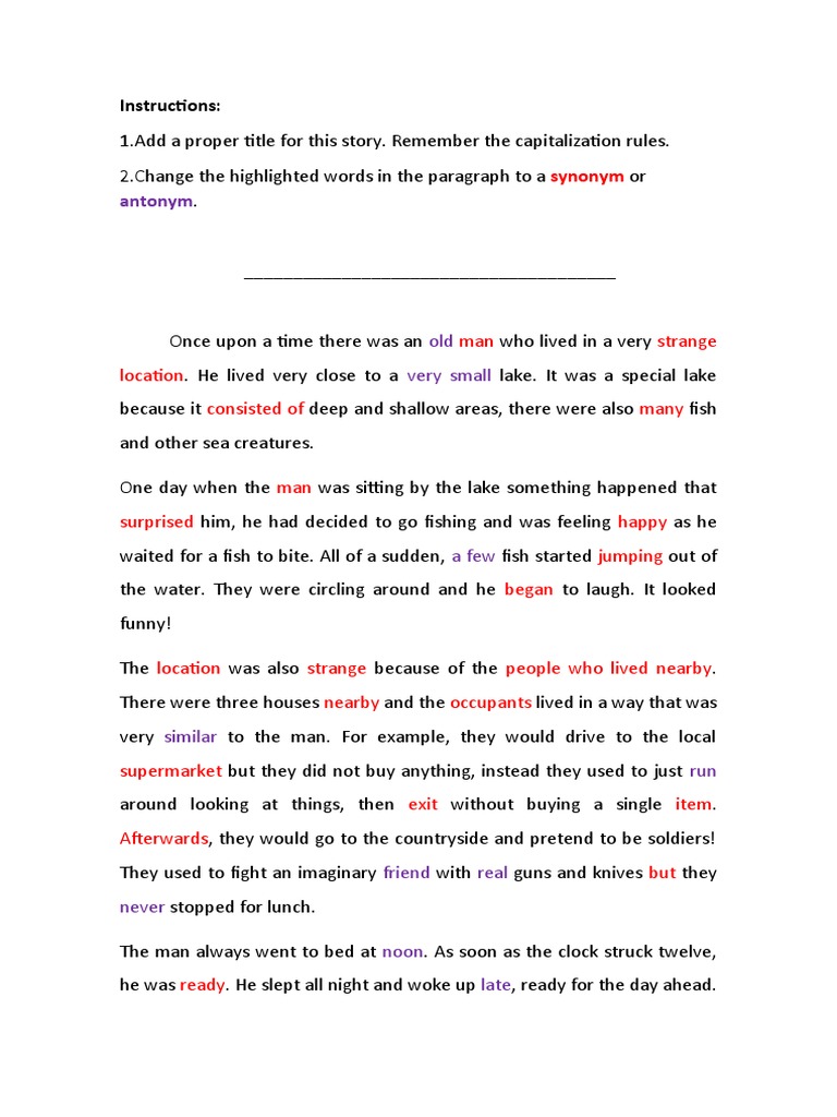 Synonyms and Antonyms Reading Comprehension Exercises TBL Task Based ...