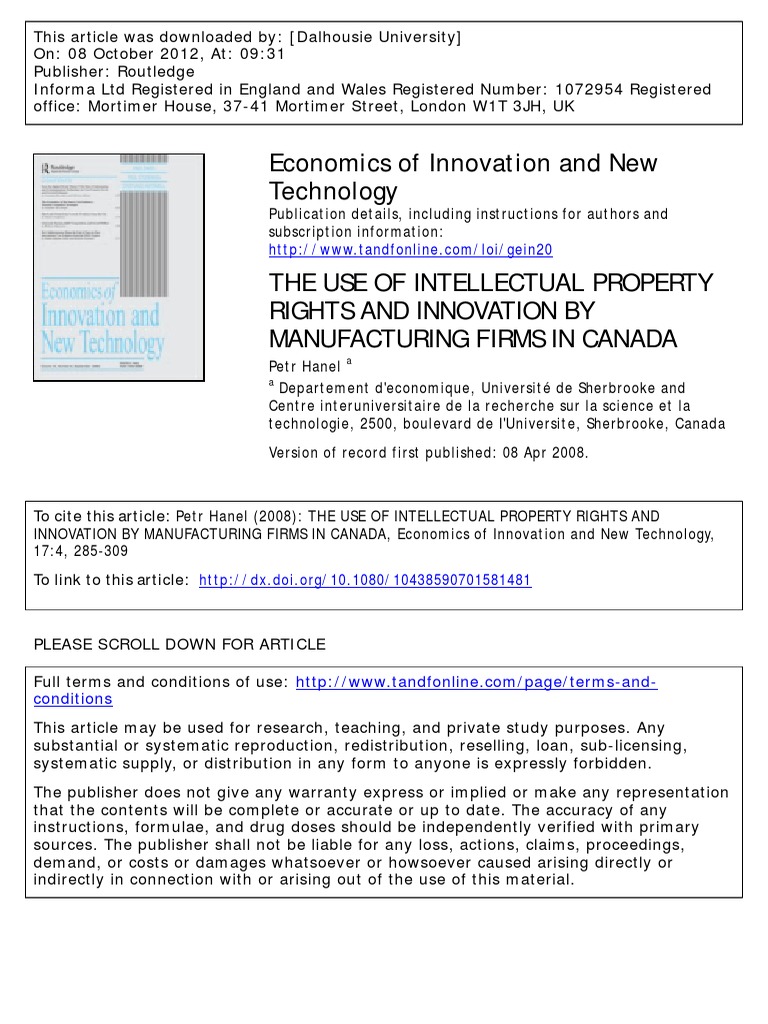 Economics of Innovation and New Technology | PDF | Intellectual Property | Patent