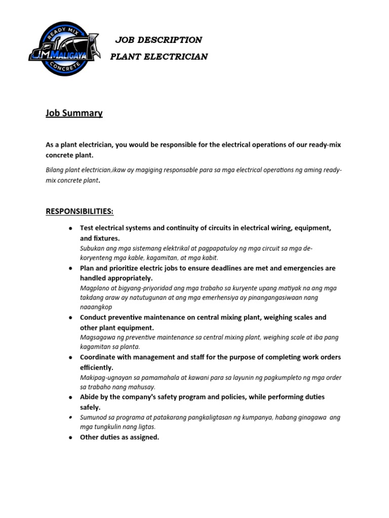 Job Description For Electrician | PDF