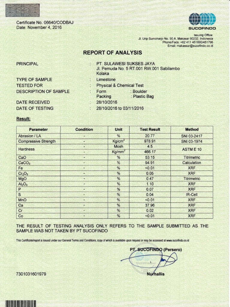 Hasil Lab Batu Sucofindo PT - SSJ | PDF | Chemistry | Materials