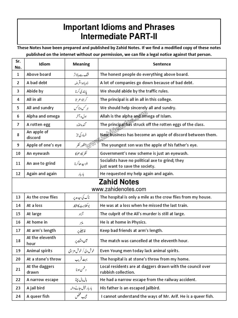 2nd Year English Idioms Zahid Notes | PDF