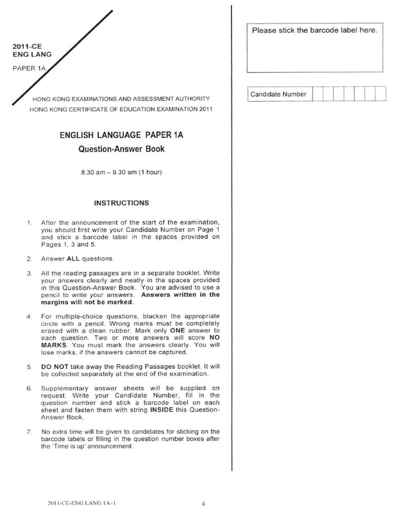 2011 CE English Language Exam Paper 1A | PDF