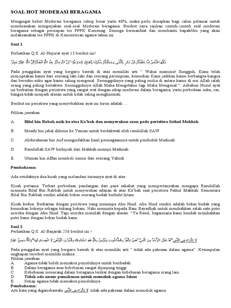DRAFT SOAL HOTs MODERASI BERAGAMA 2022 | PDF