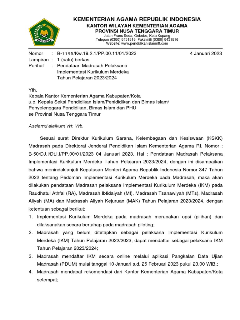 Surat Pendataan Madrasah Pelaksana Kurikulum Merdeka | PDF Surat Pendataan Madrasah Pelaksana Kurikulum Merdeka | PDF