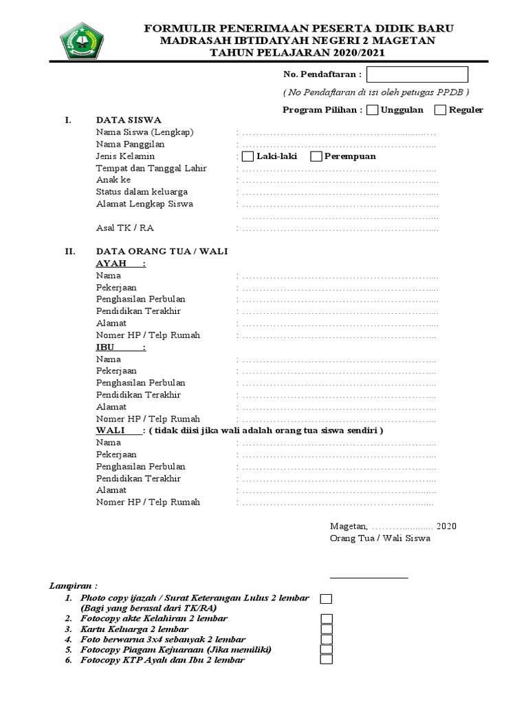 Formulir Pendaftaran Murid Baru 2020 | PDF