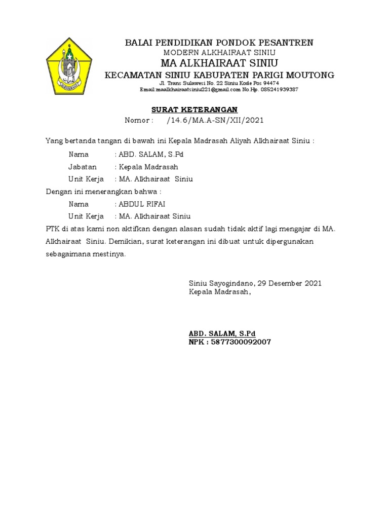 Surat Keterangan Non-Aktif Pengajar Siniu | PDF