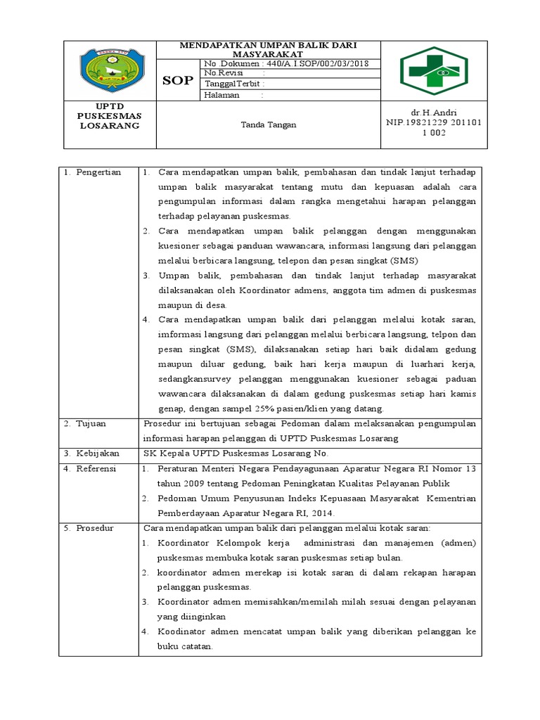 SOP Umpan Balik Puskesmas Losarang | PDF