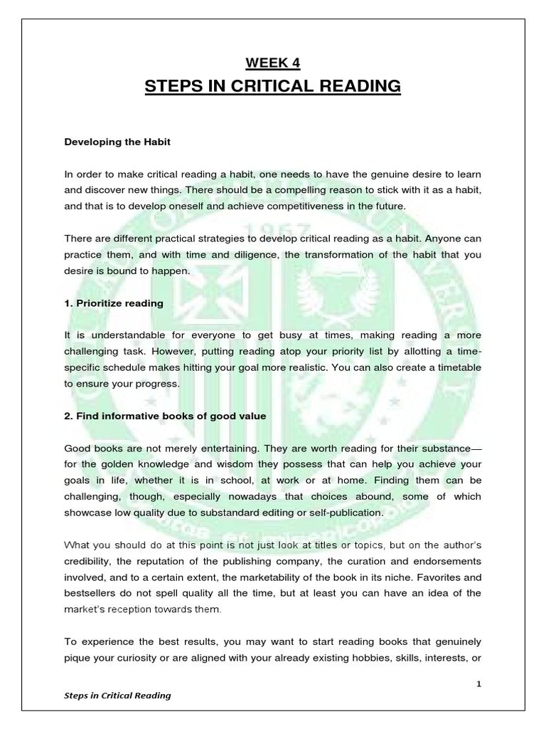 Week 4 - Steps in Critical Reading-1 | PDF | Speed Reading | Evaluation