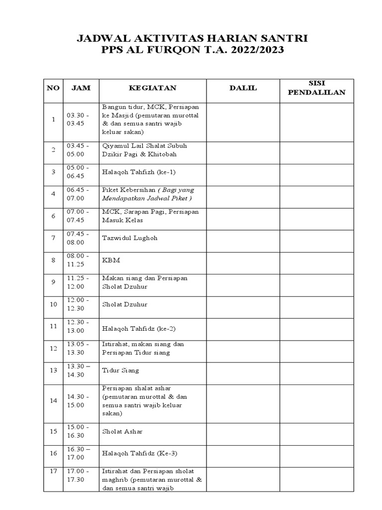 Jadwal Aktivitas Harian Santri | PDF