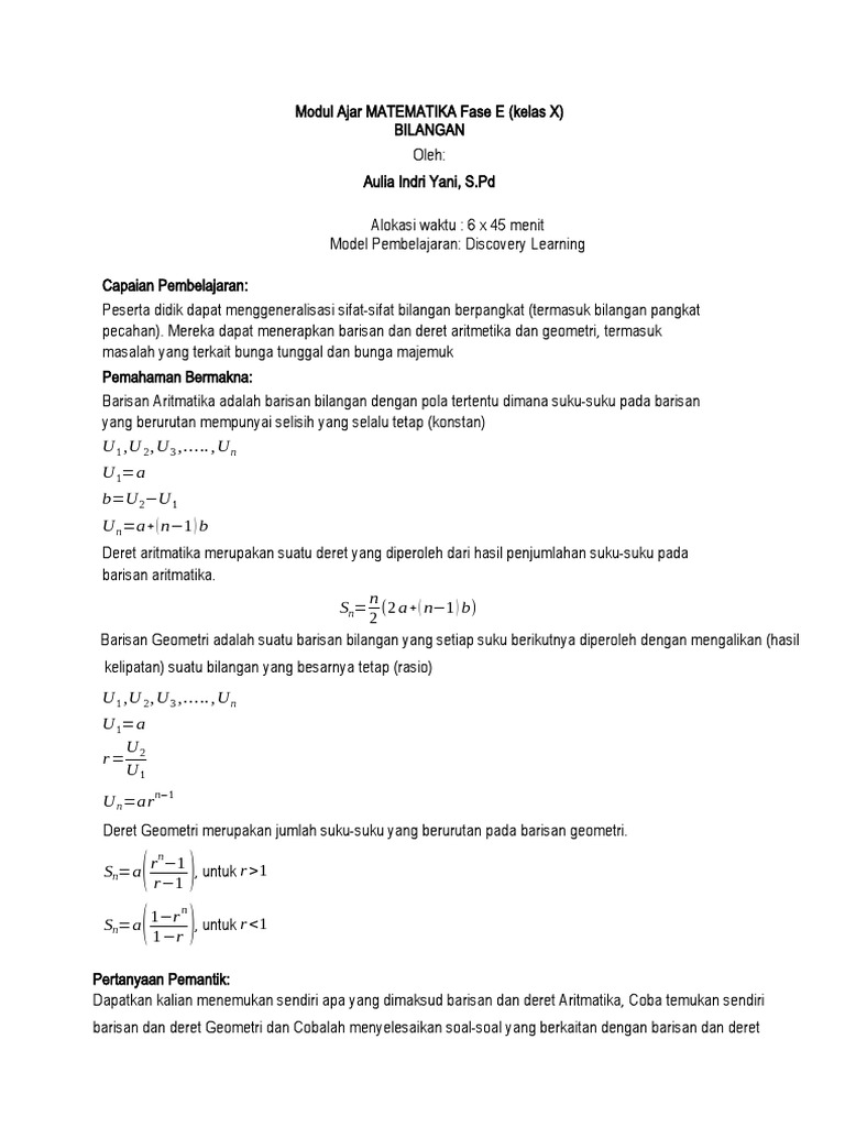 Modul Ajar Baris Dan Deret | PDF