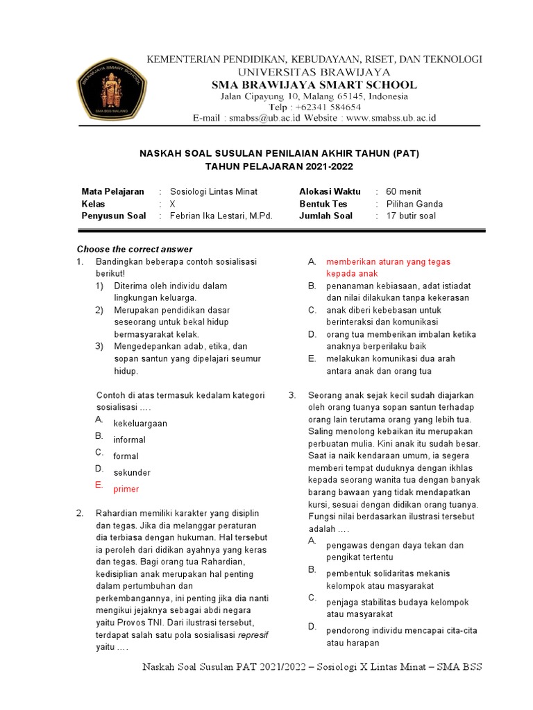 Naskah Soal Susulan - Pat 21-22 - Sosiologi - X Lintas Minat - Febrian ...