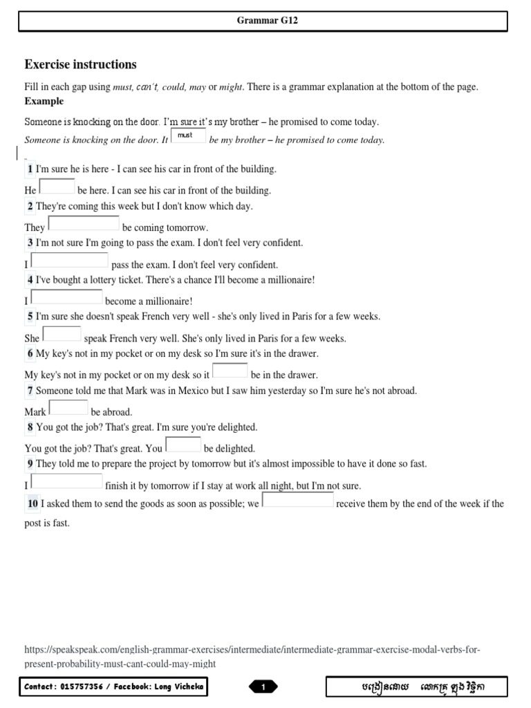 Modal Verbs Probability Exercises | PDF | Verb | Linguistics