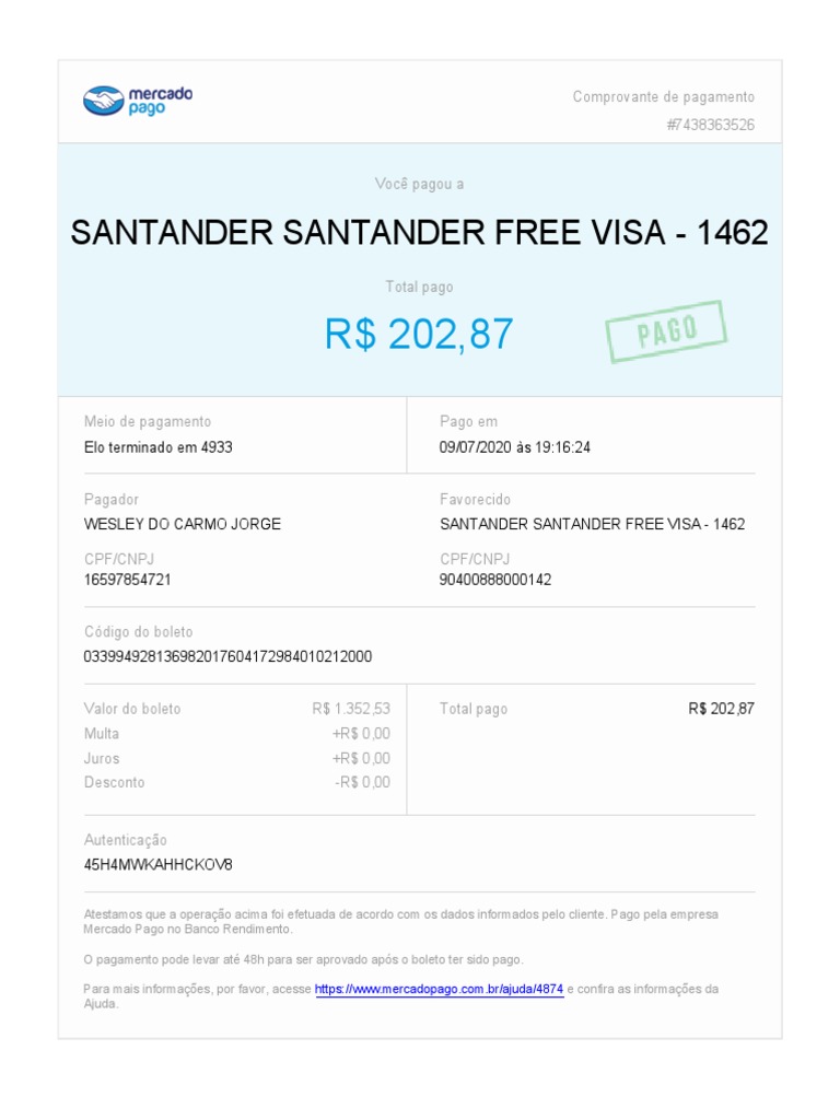 Comprovante de Pagamento Santander | PDF