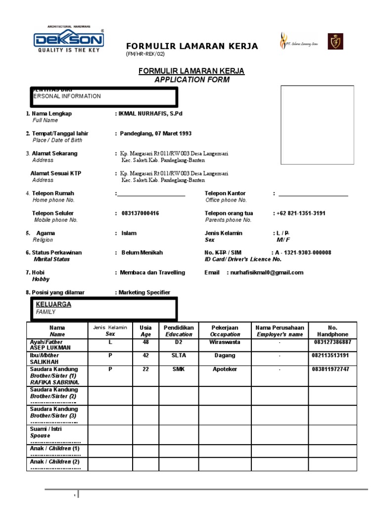 Salinan Dari FORM LAMARAN KERJA - Signed | PDF