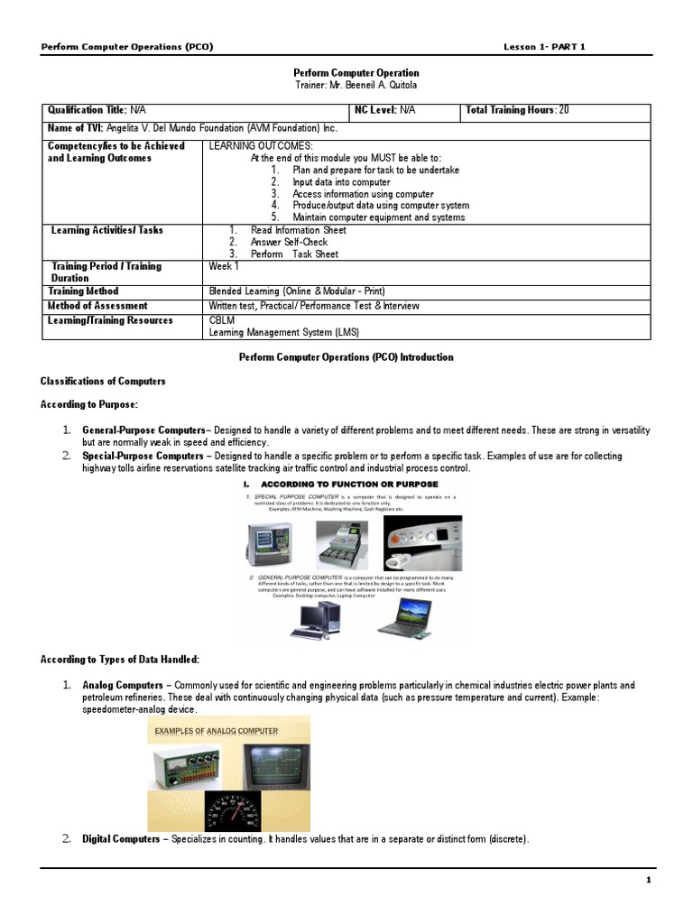 Lesson 1 PCO Introduction PART 1-PRELIM | PDF | Data | Input/Output