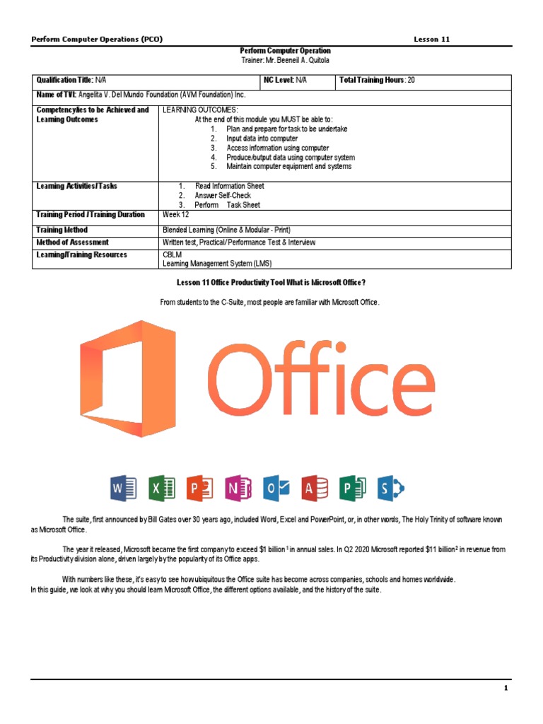 Lesson 11 PCO Office Productivity Tool (Microsoft Office) - FINALS | PDF | Microsoft Office ...