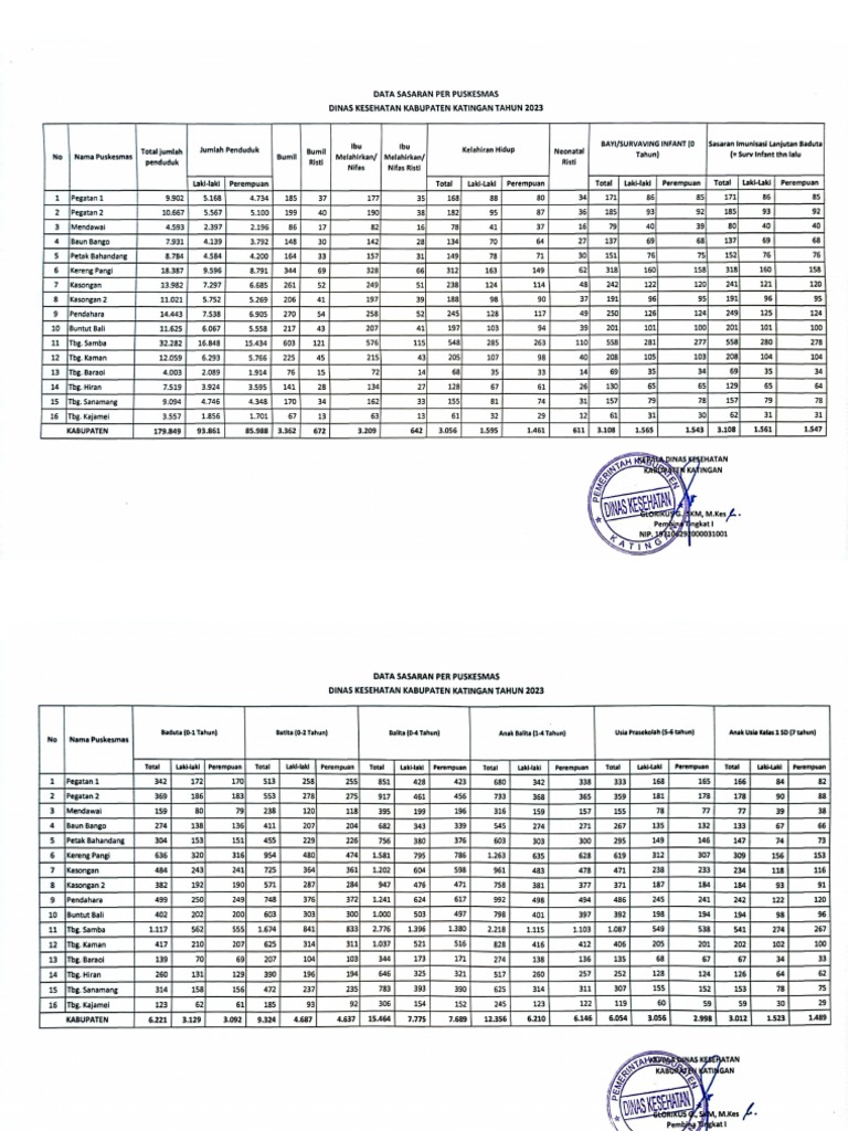 Data Sasaran Dinkes Katingan 2023 | PDF